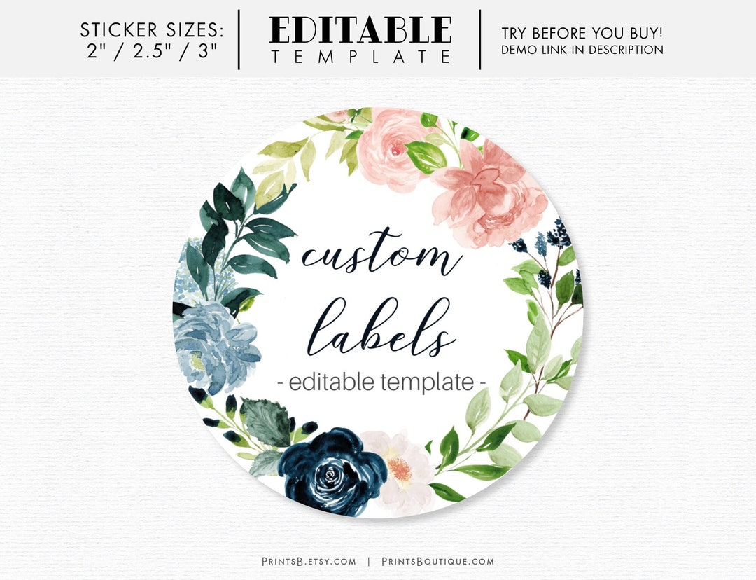 Editable Round or Square Sticker, Pink and Navy Flower Wreath, Custom ...