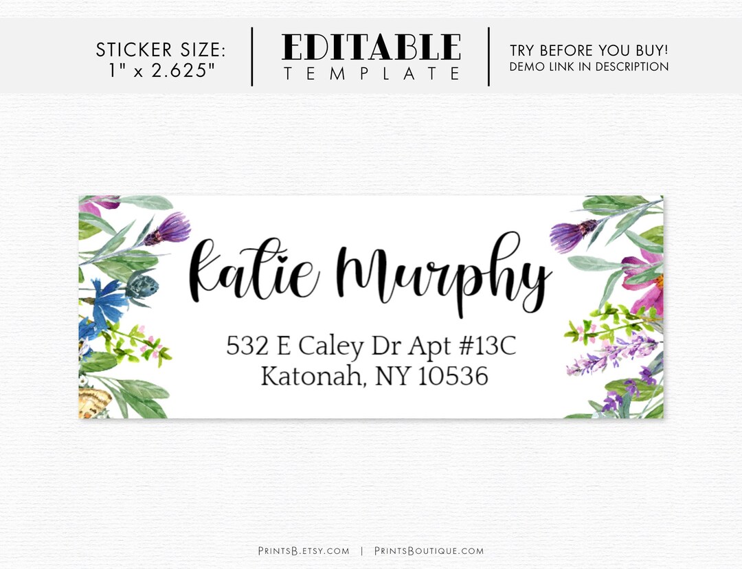 Wildflowers Label Template Editable Return Address Label - Etsy