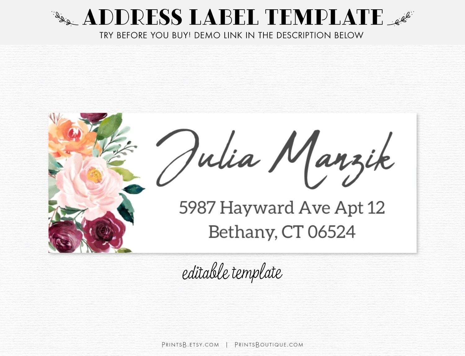 Editable address label template blush pink burgundy and | Etsy