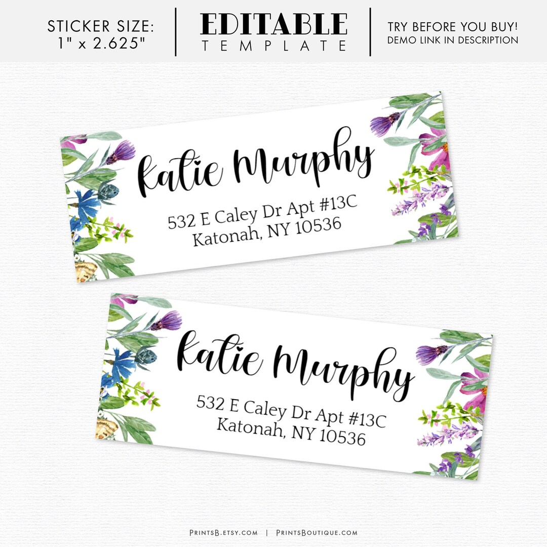 Wildflowers Label Template, Editable Return Address Label, Floral ...