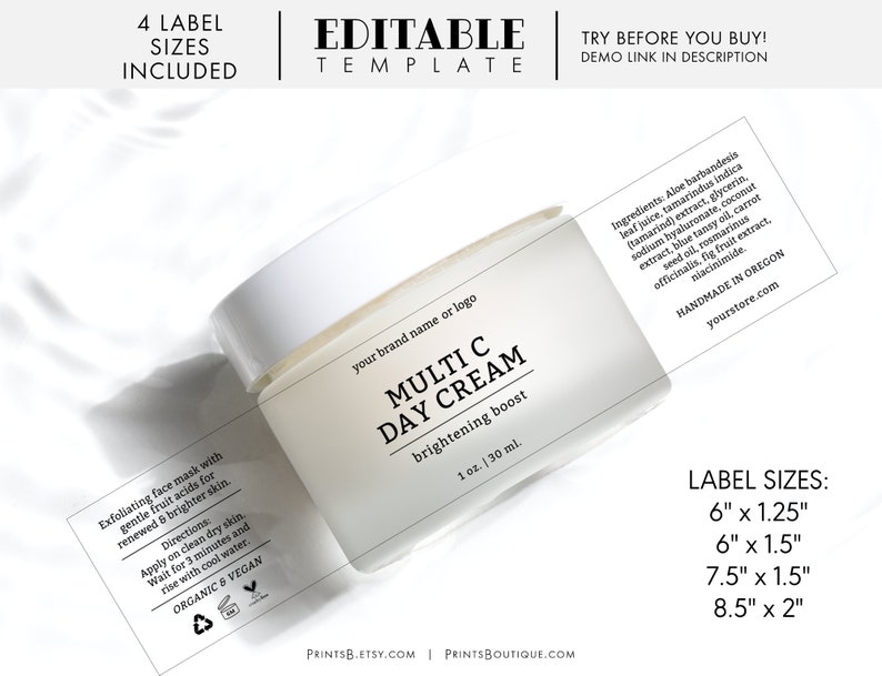 DIY Editable Label for Small Jar, Face Moisturizer Printable Label ...