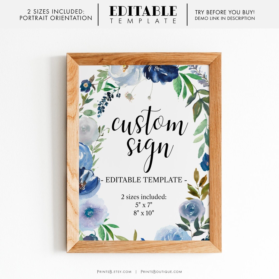Editable sign template, navy blue and light blue flowers frame, custom ...