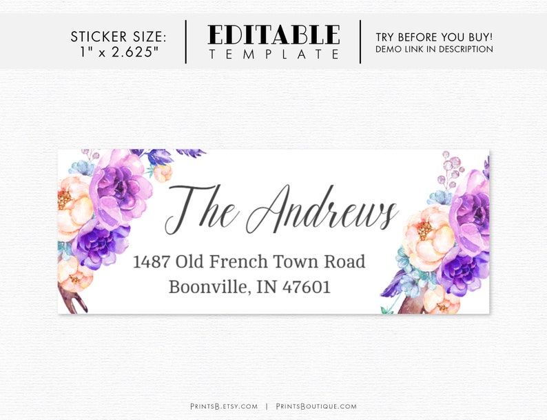 Editable Return Address Label Template Purple Lavender - Etsy