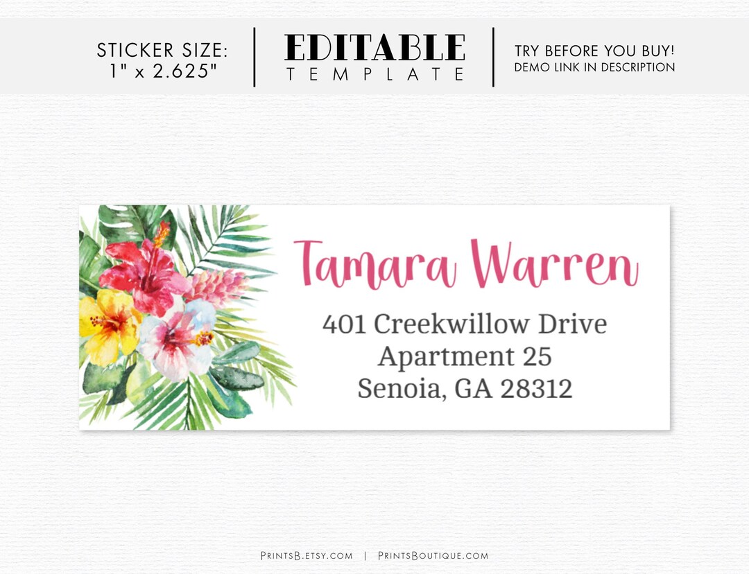 Tropical Label Template, Pink and Yellow Hibiscus Editable Return ...
