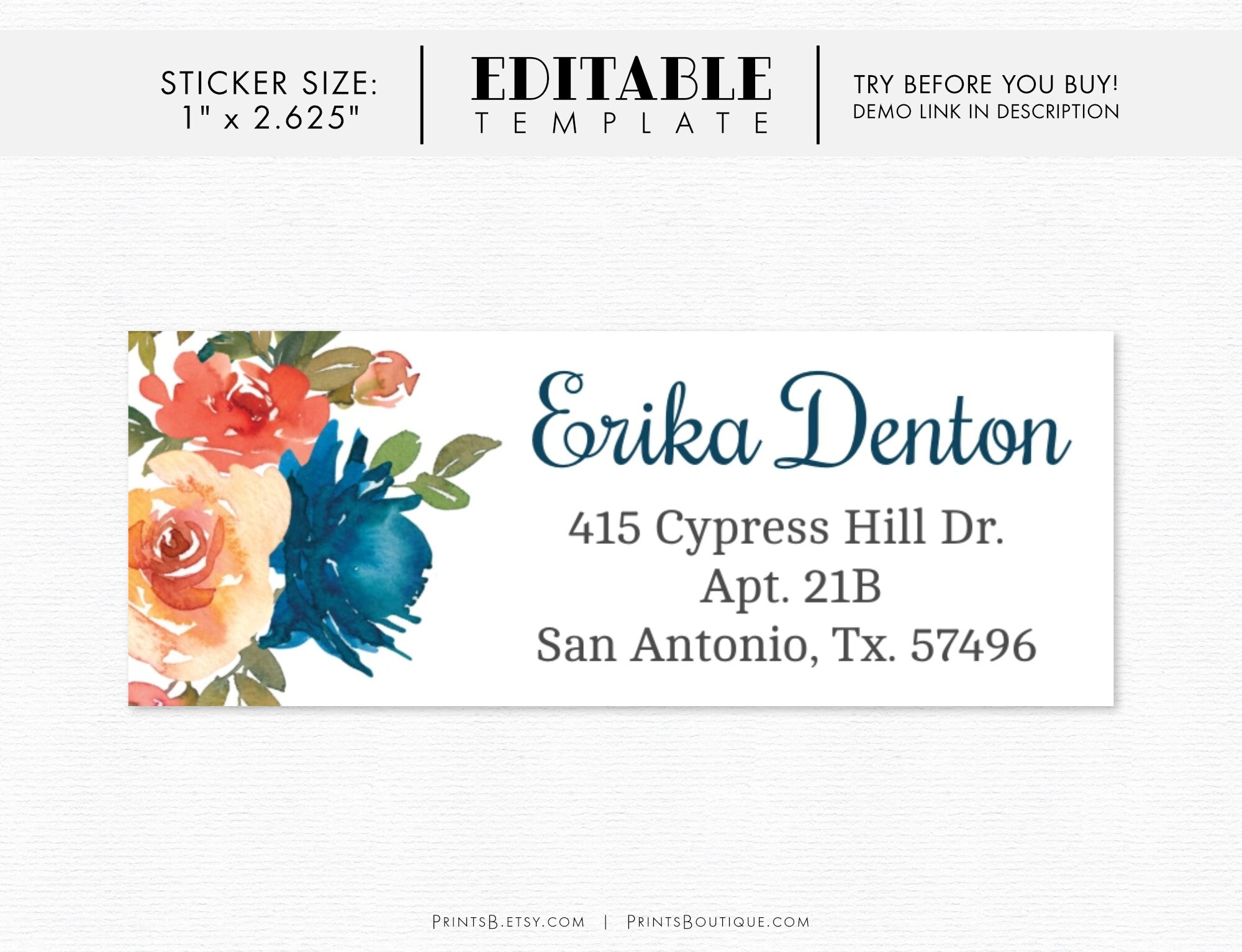 Peach and Blue Flowers Editable Address Label Template DIY - Etsy