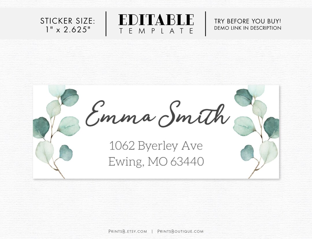 Eucalyptus Editable Address Label Template DIY Return Address - Etsy