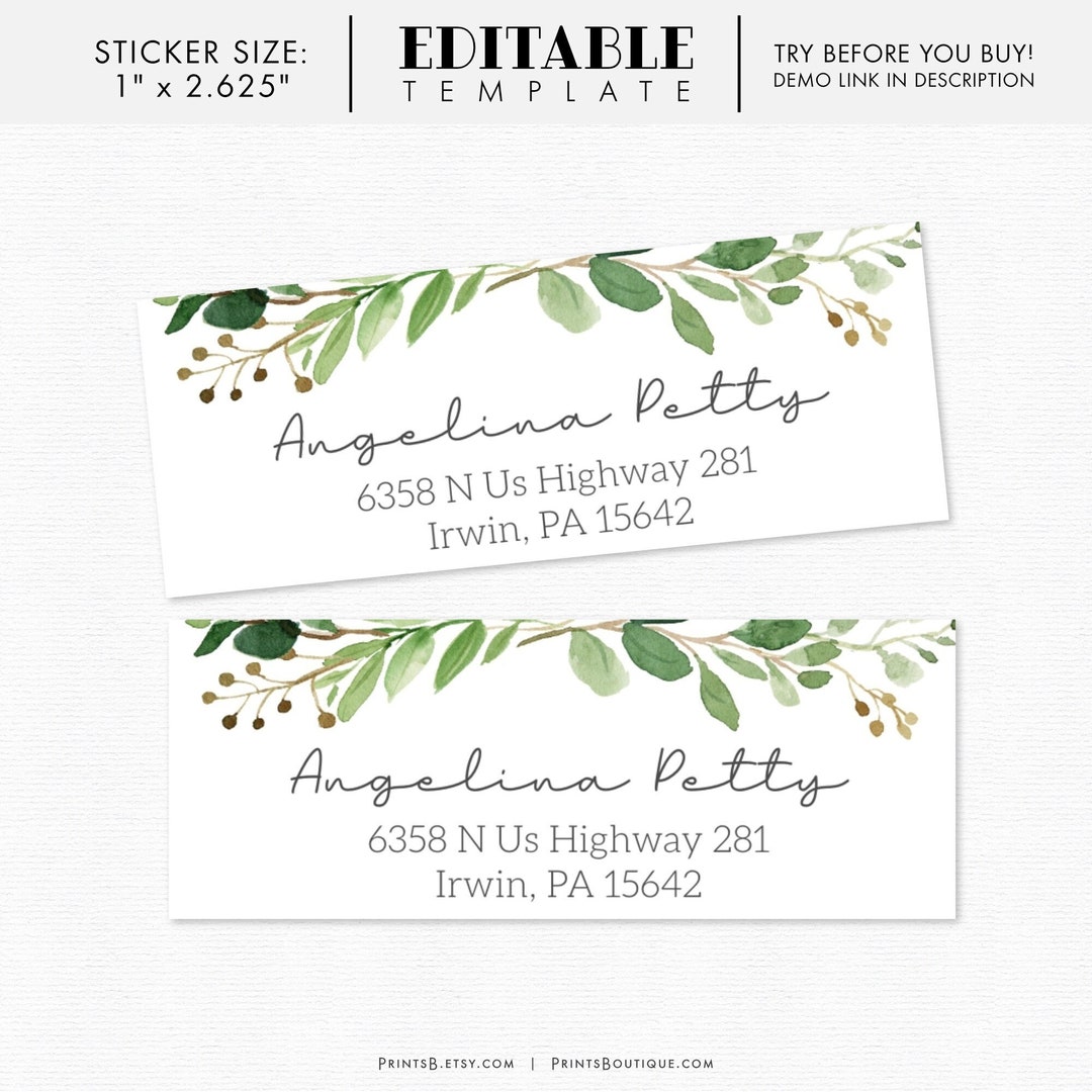 Greenery Label Template, Editable Address Label, DIY Return Address ...