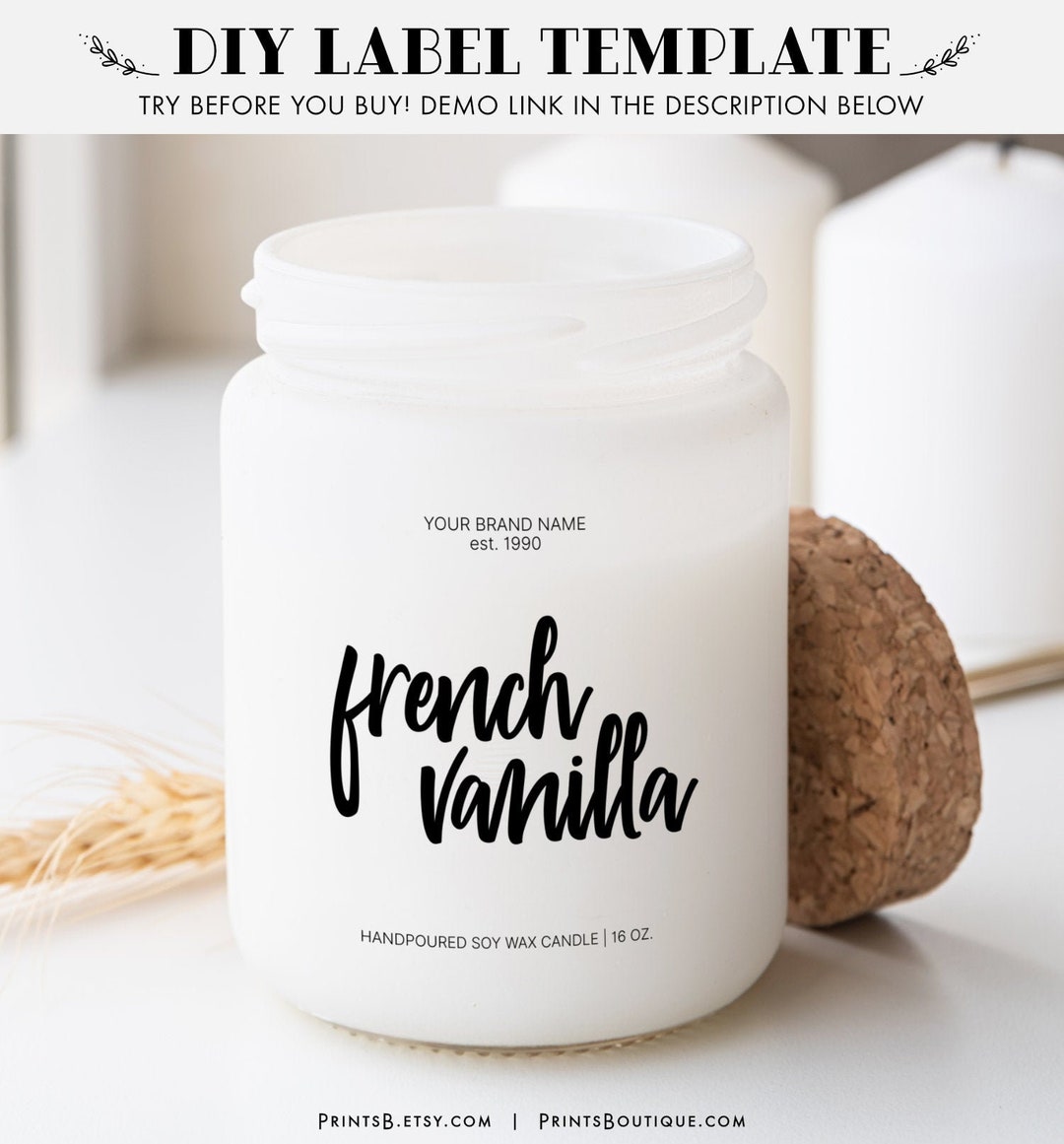 Candle Label Template, Bold Script Font, Editable DIY Custom Labels for ...