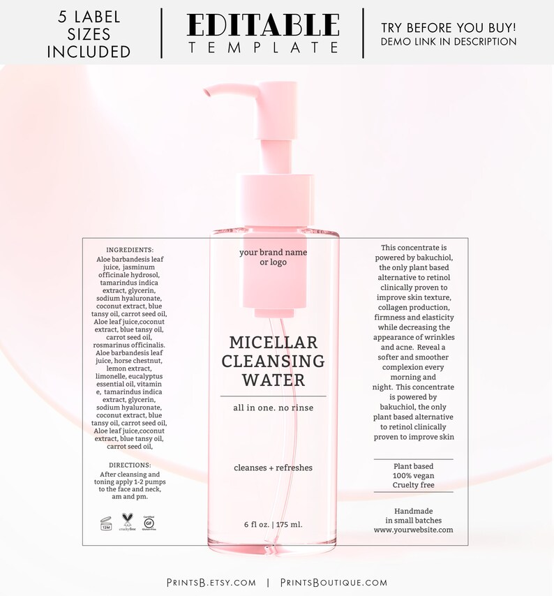 Printable Label Template for Cleanser Micellar Water Etc. - Etsy