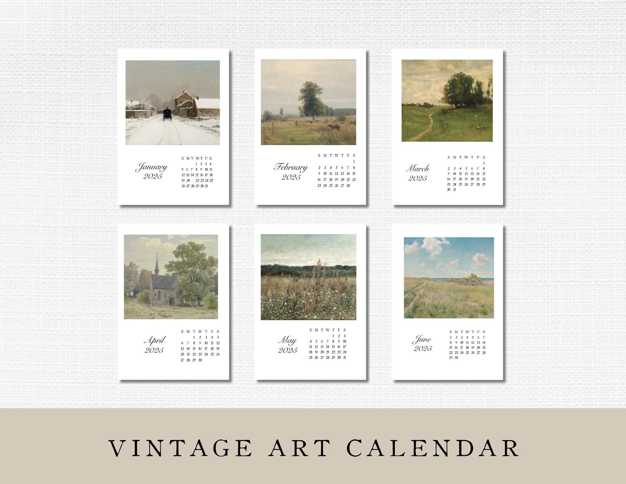 Vintage Art Printable Calendar, Moody Desk Calendar, 2025 Printable ...