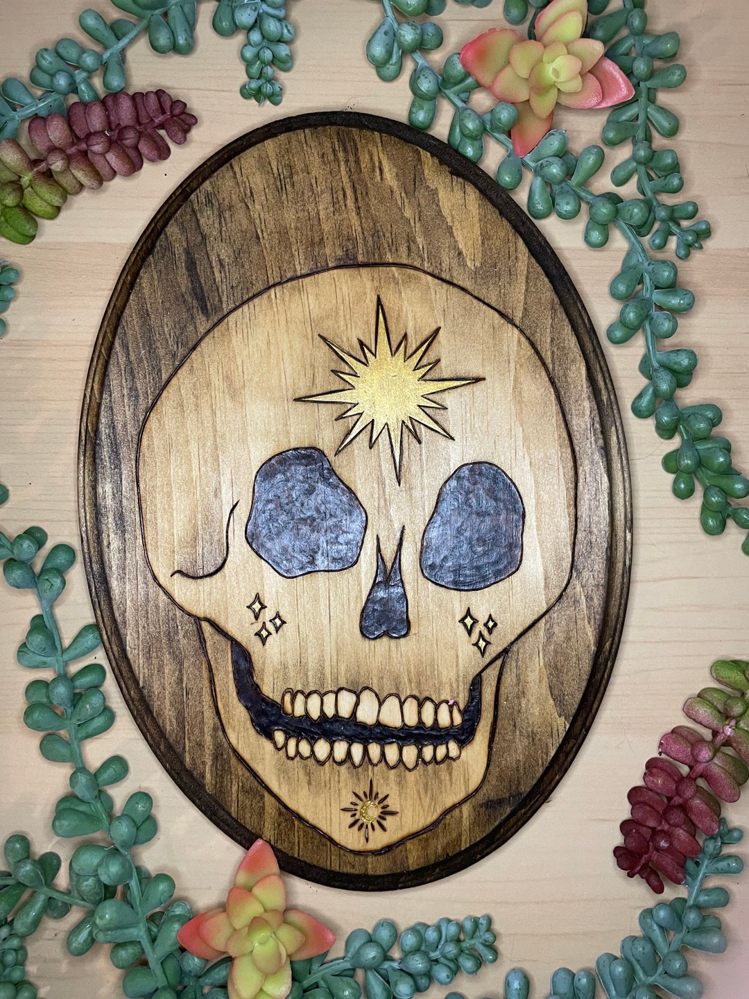 Woodburned Pyrography Skull With Sun Moon and Stars Birthday ...