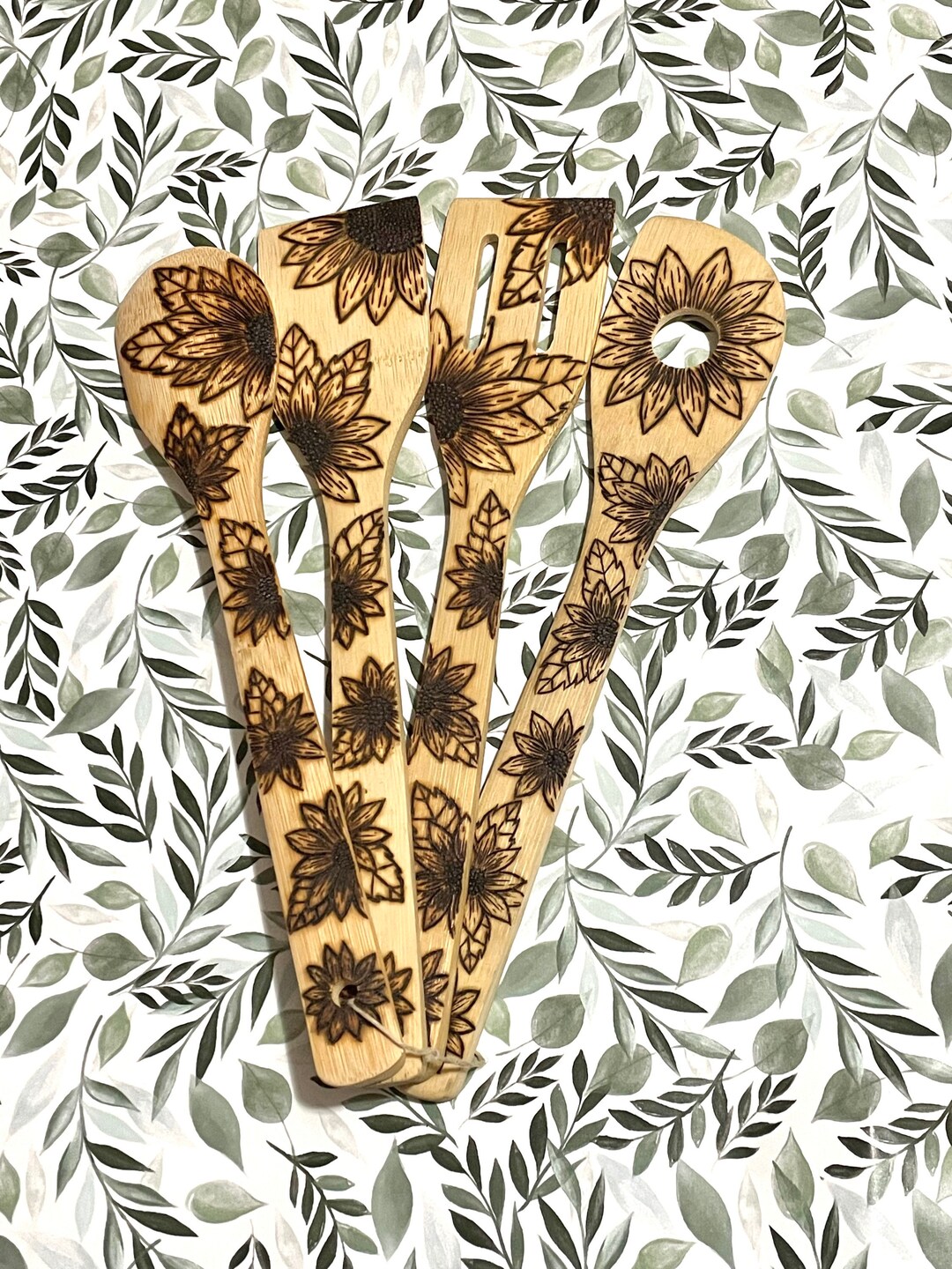 Woodburned Pyrography Sunflower Set of 4 Kitchen Utensils, Kitchen ...