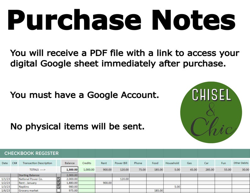 Digital Checkbook Register / Ledger, Includes Savings, Charts, Google ...