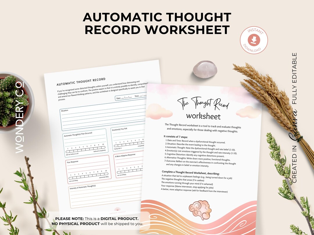 CBT Thought Record Worksheet | Challenge Negative Thoughts & Therapy ...