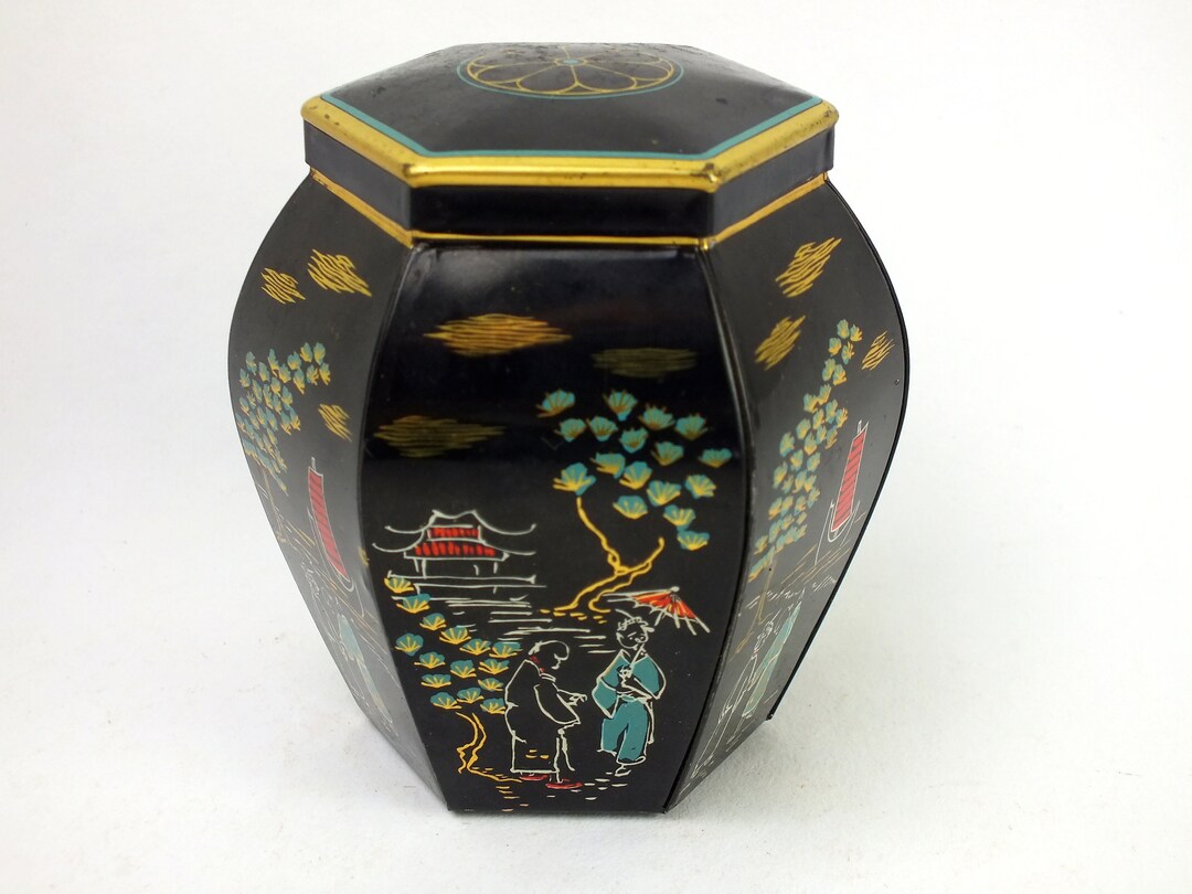 Asian Tea Tin Can in Honeycomb Shape, Vintage Asian Tin, Decoration ...