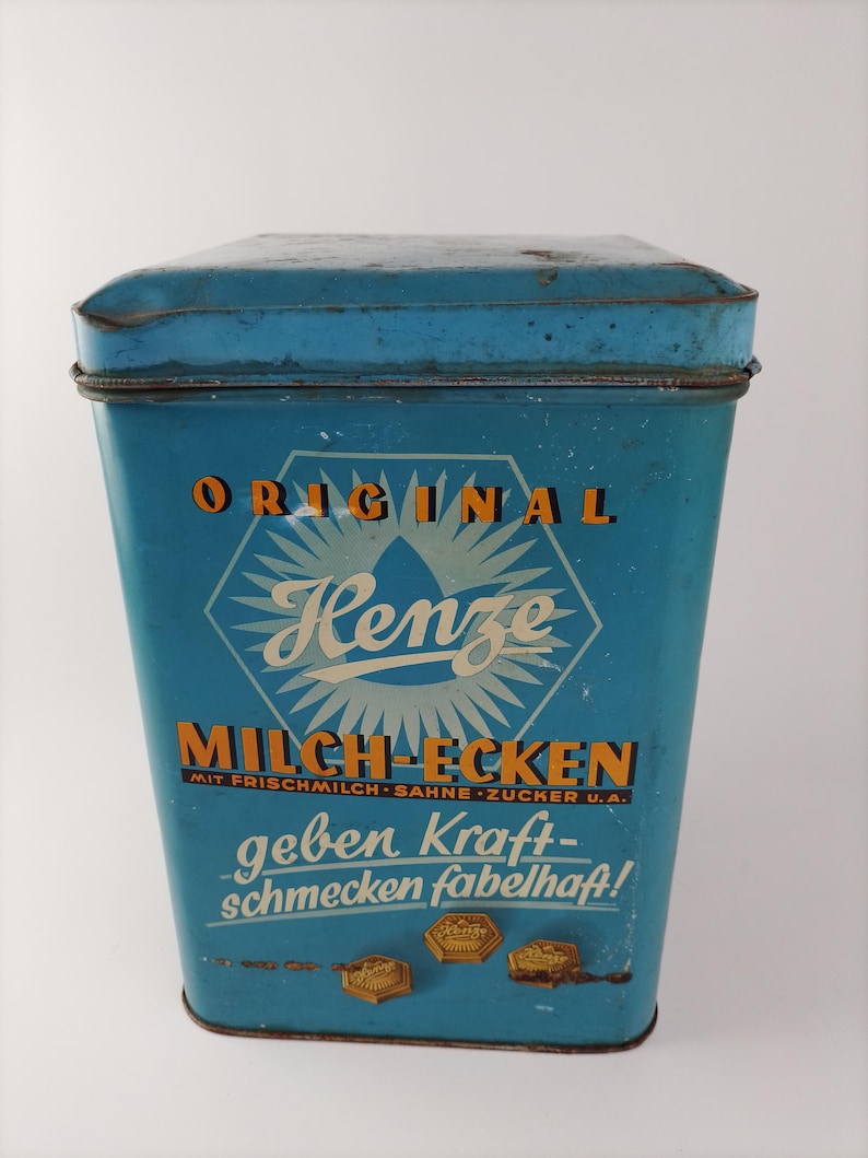Antike Blechdose Henze Milch‑Ecken, große Vintage Vorratsdose mit ...