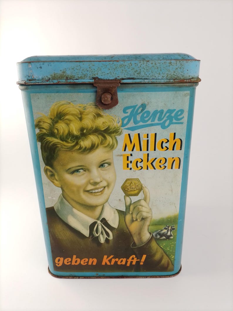 Antike Blechdose Henze Milch‑Ecken, große Vintage Vorratsdose mit ...