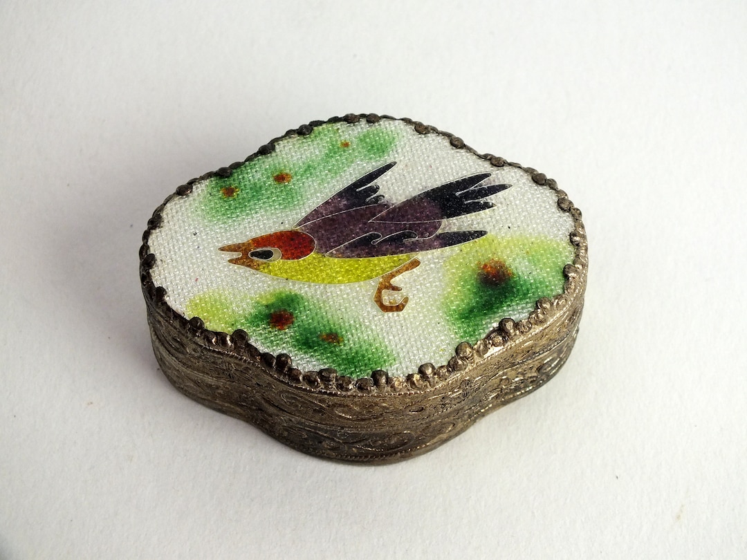 Pretty Little Box With Bird Application, Metal Box With Decorations ...