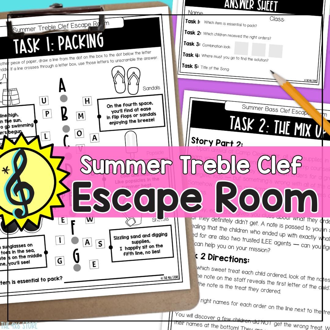 Summer Notes on the Treble Clef Music Class Escape Room Low to No Prep ...