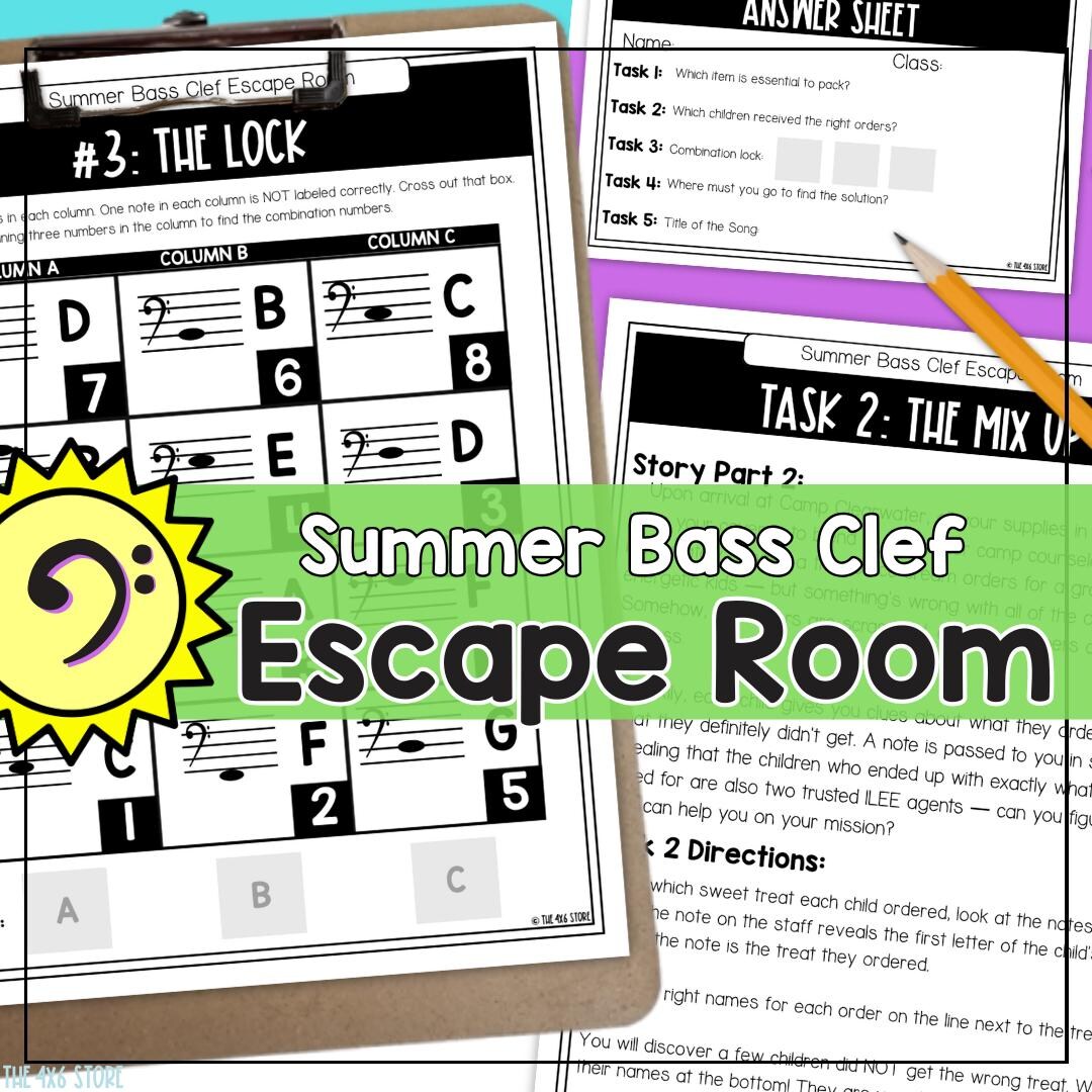Summer Notes on the Bass Clef Music Escape Room Low to No Prep Activity ...