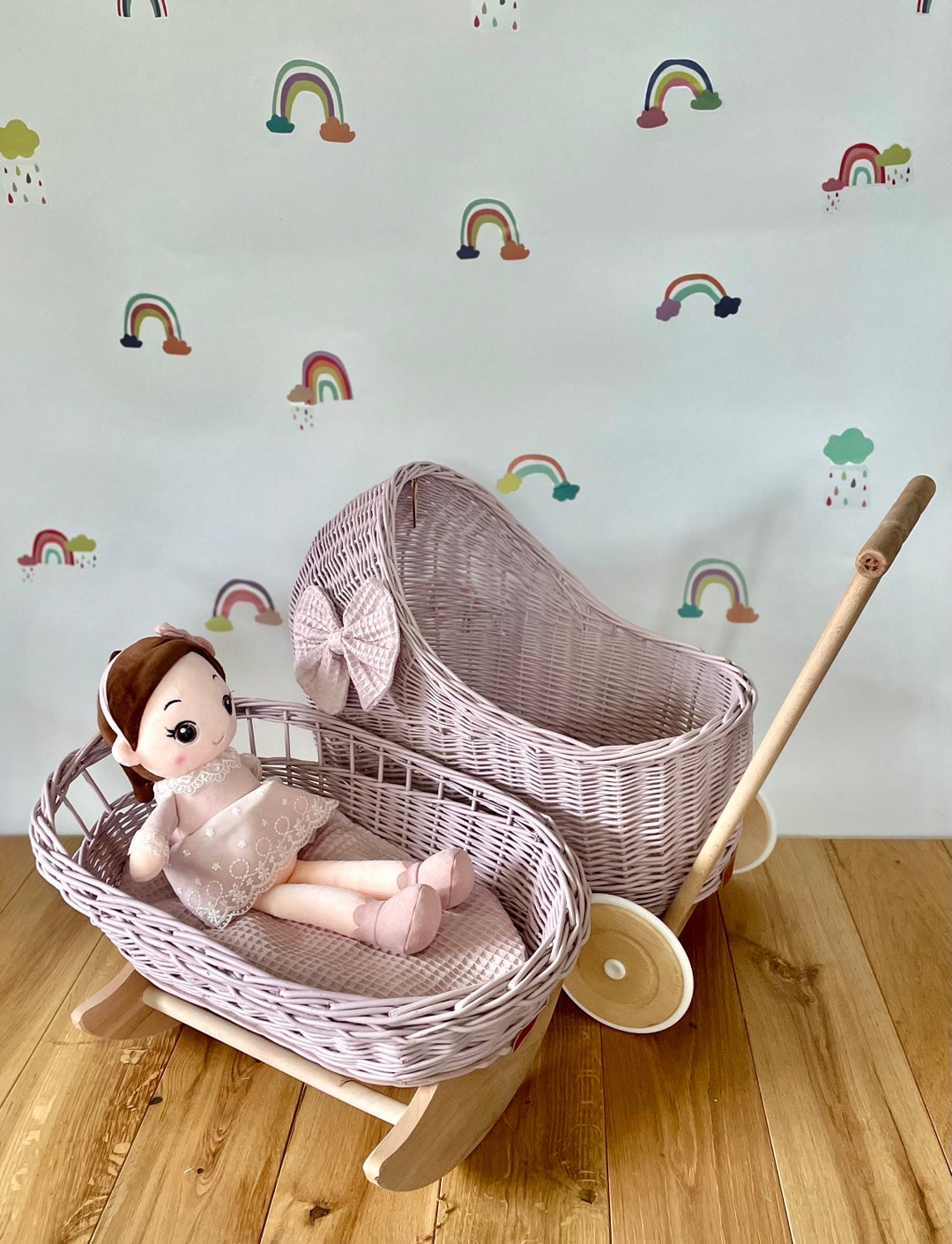 Luxury Set of Wicker Doll Pram and Crib With Bow, Matching Bedding and ...