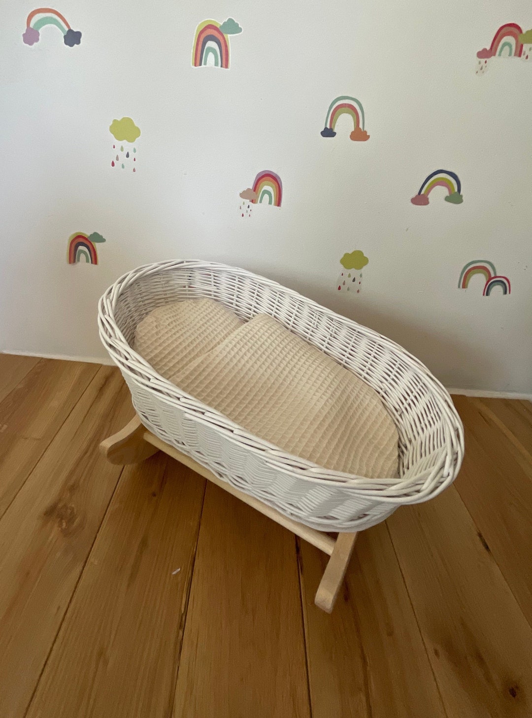 Luxury White Dolls Cradle, Wicker Crib With Bedding Included, Dolls ...