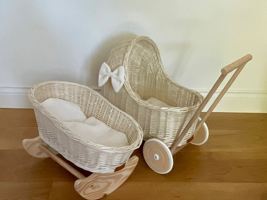 Luxury Set of Cream Wicker Doll Stroller and Wicker Crib, Pram With Bow ...