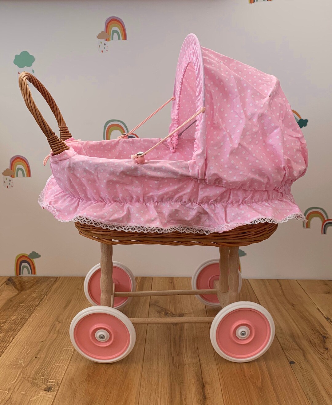 Wicker Dolls Pram, Wicker Pram With Folding Hood and Bedding Included ...