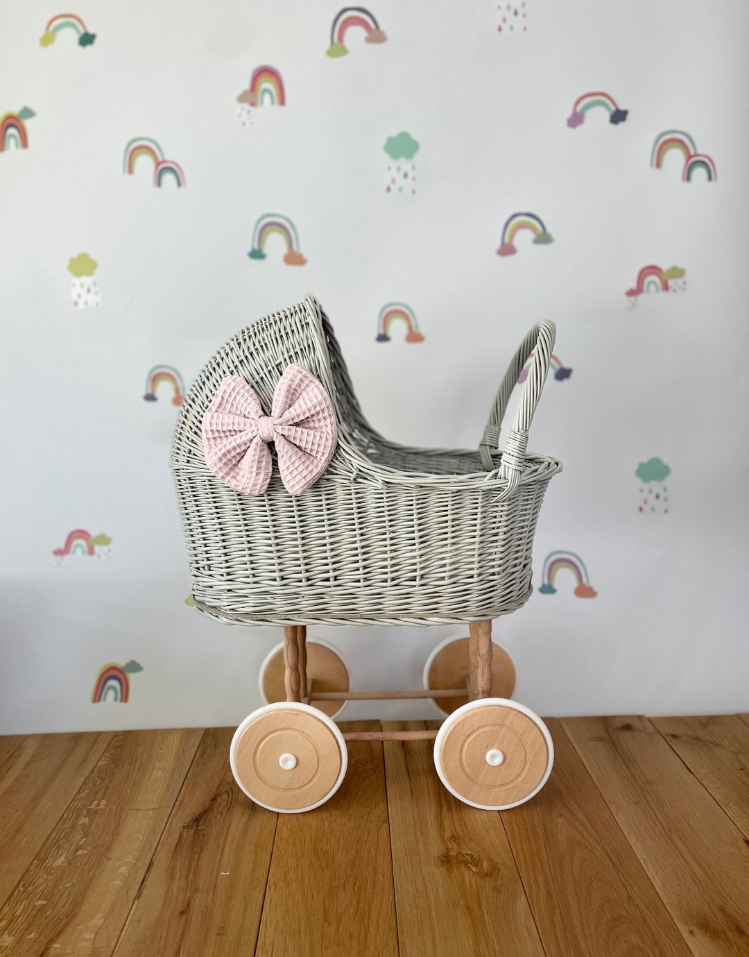 LUXURY Wicker Pram With Bow and Bedding Included, Wicker Pram, Dolls ...