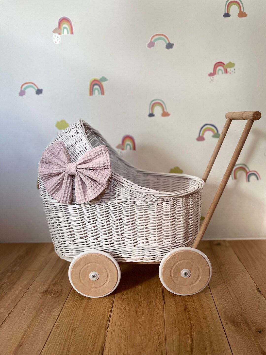 LUXURY Wicker Pram With Bow and Bedding Included, Doll Pram, Wicker ...