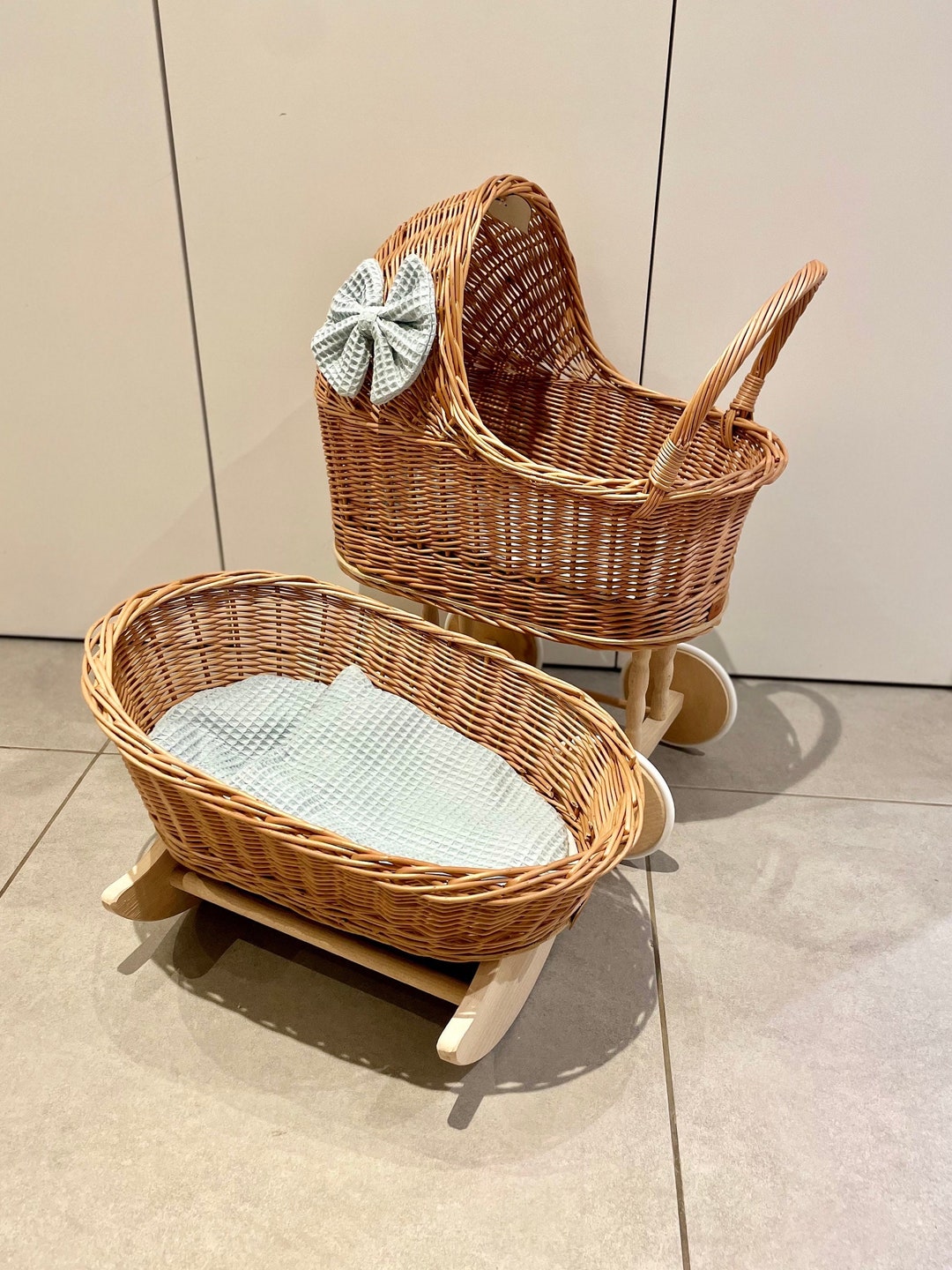 Luxury Set of Wicker Doll Pram and Crib With Bow, Matching Bedding and ...