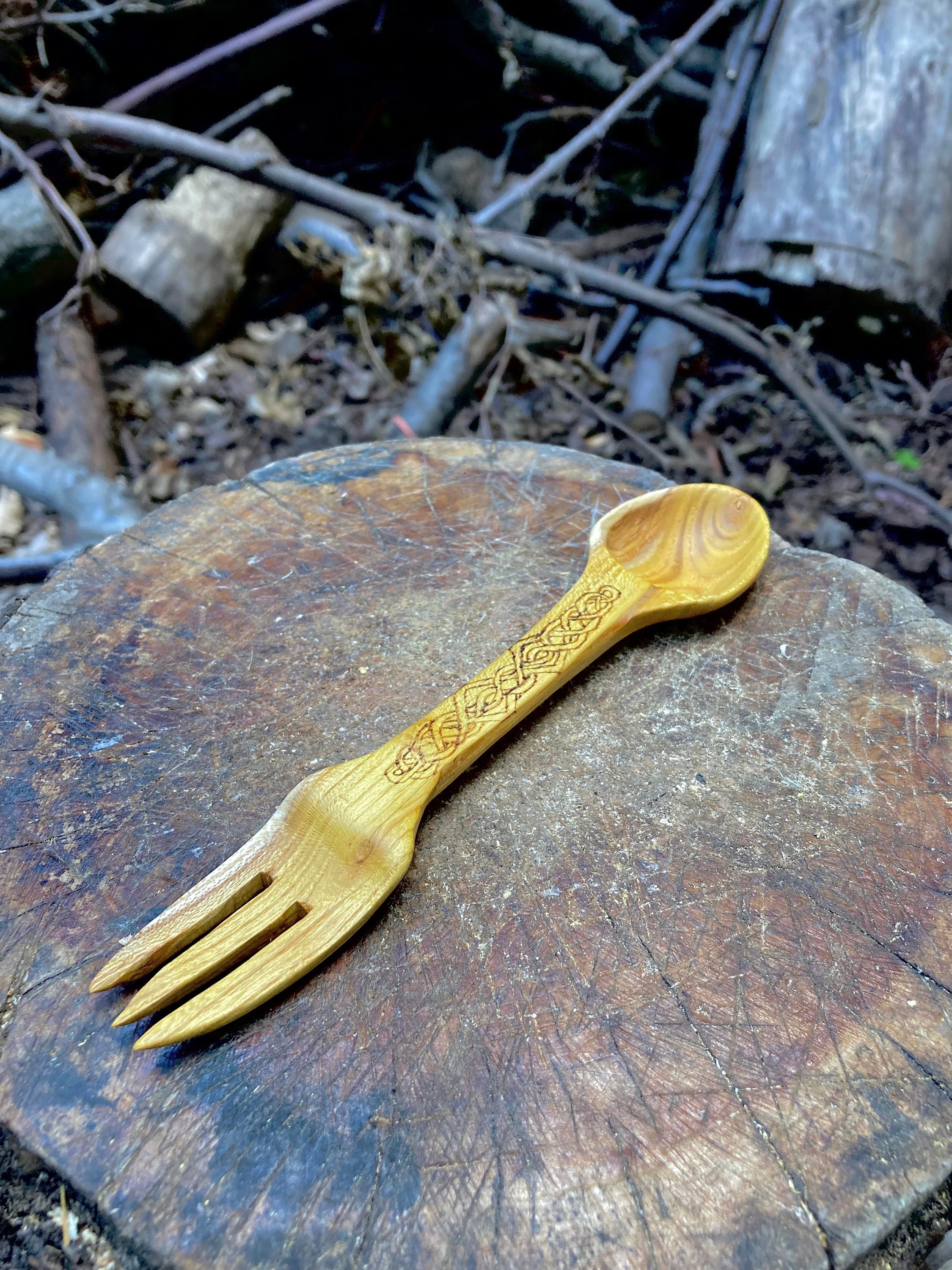 Hand Carved Mulberry Wood Camping Spoon/fork With Hand Burned Celtic ...