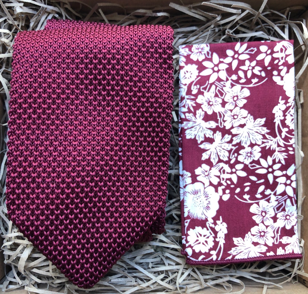 Mulberry Red Knitted Necktie & Floral Pocket Square Set - Etsy UK