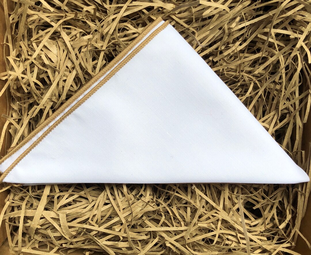 The Flat White Camel: White Cotton Pocket Square With Camel Gold Trim ...