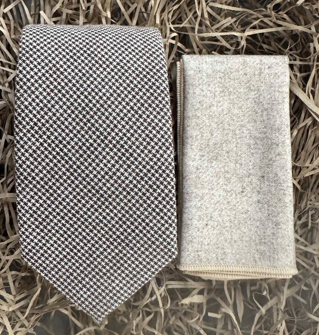 The Bush Clover Check Tie Set: Brown Men's Tie, Cream Pocket Square Set ...