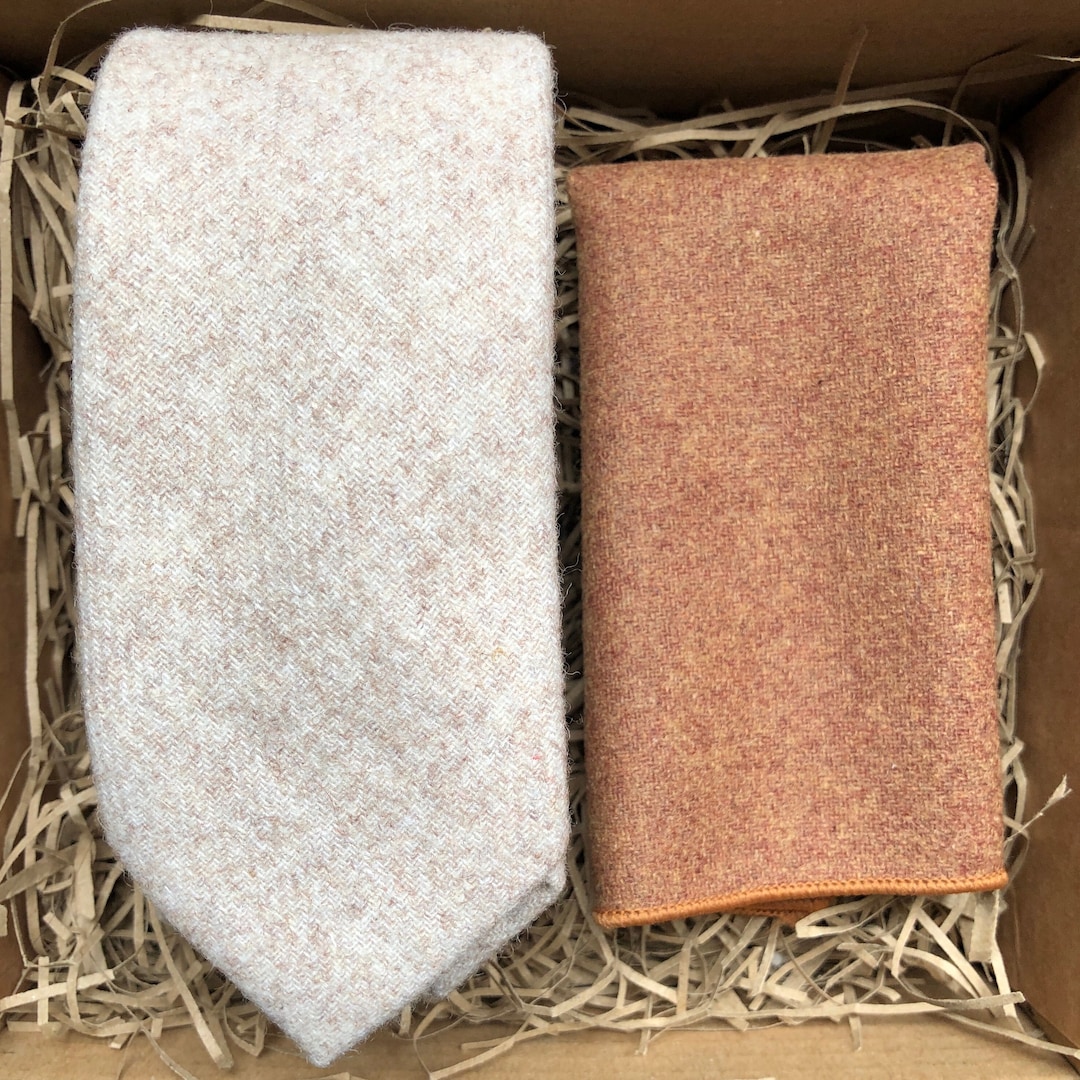 Cream Wool Tie & Camel Pocket Square Set: Men's Wedding Accessories - Etsy