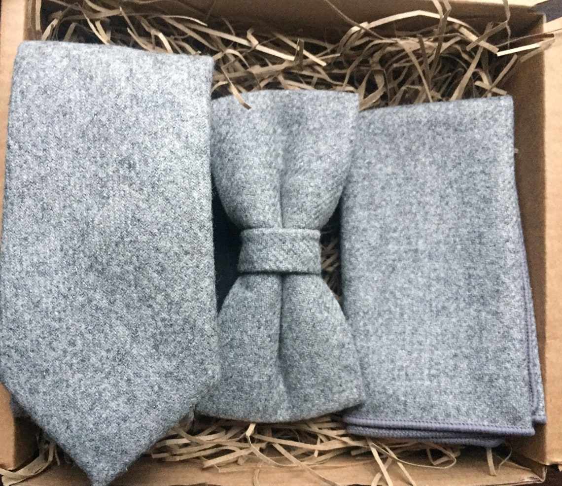 The Birch Set: Grey Wool Necktie Grey Tie Grey Bow Tie - Etsy UK