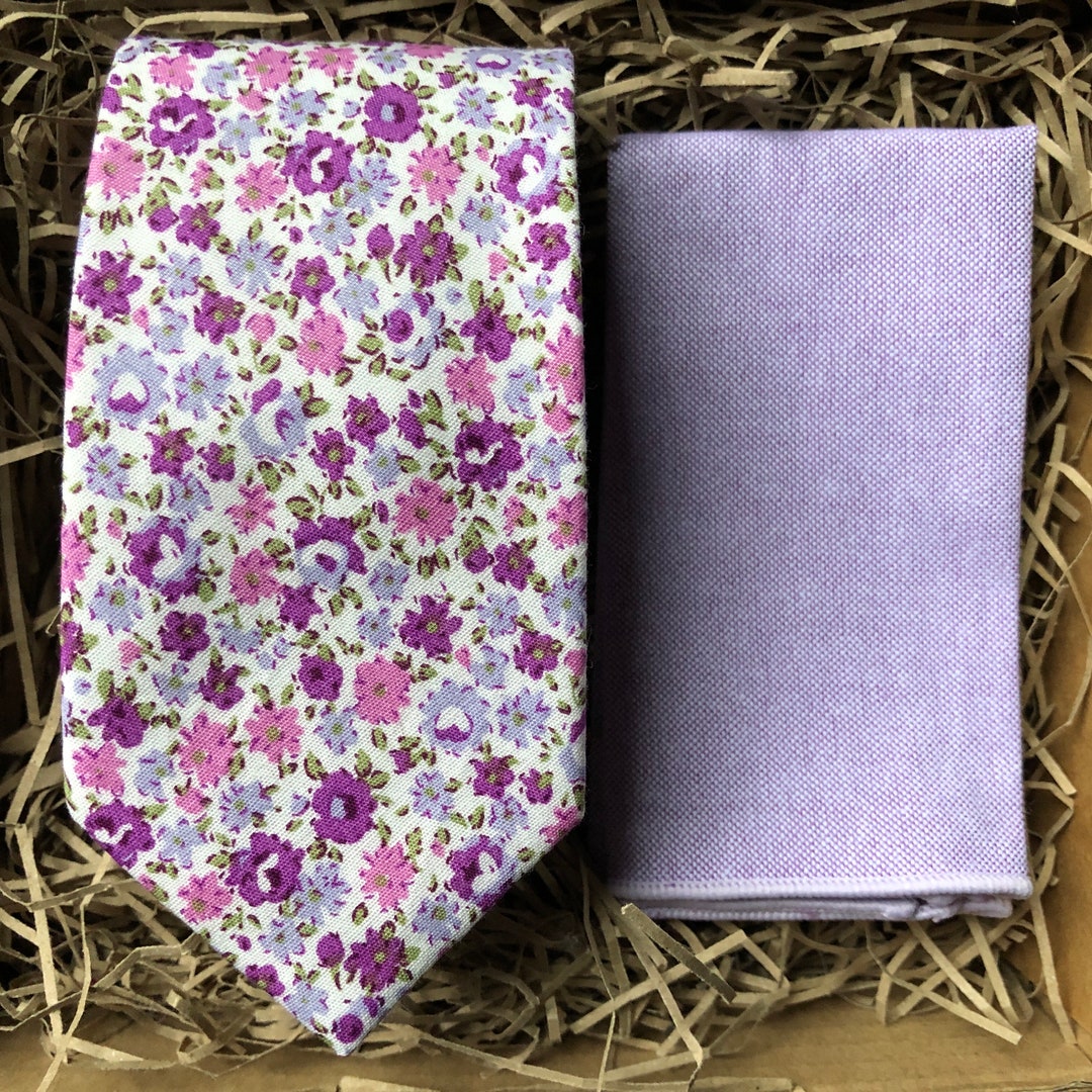 Lavender Floral Necktie & Pocket Square Set: White Cotton Tie ...