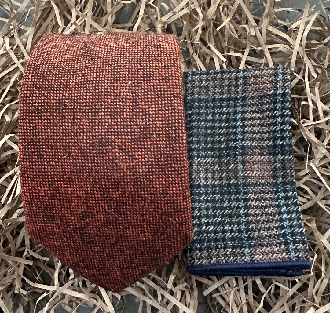 Orange Wool Tie & Check Pocket Square Set: Groomsmen Wedding Attire - Etsy