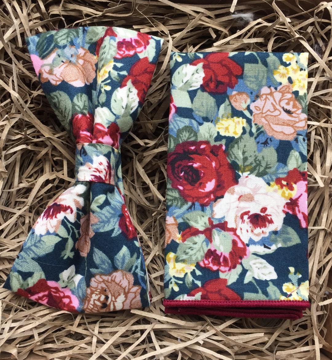 Red Rose Floral Bow Tie Set: Cotton Pocket Square, Wedding Groomsmen ...