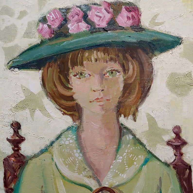 Andre Chochon -portrait of a Big Green Eyes Girl in a Hat -oil Painting ...