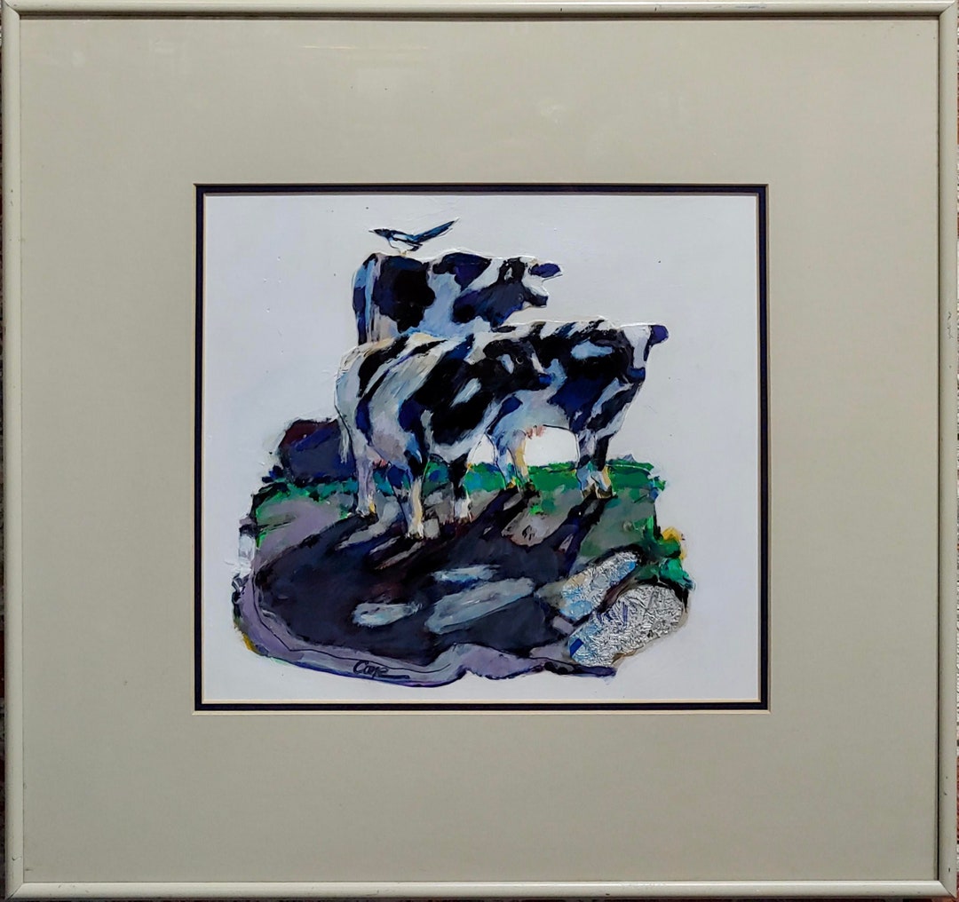 Marianne Cone - Black & White 3 Cows a Magpie Bird-painting Acrylic on ...