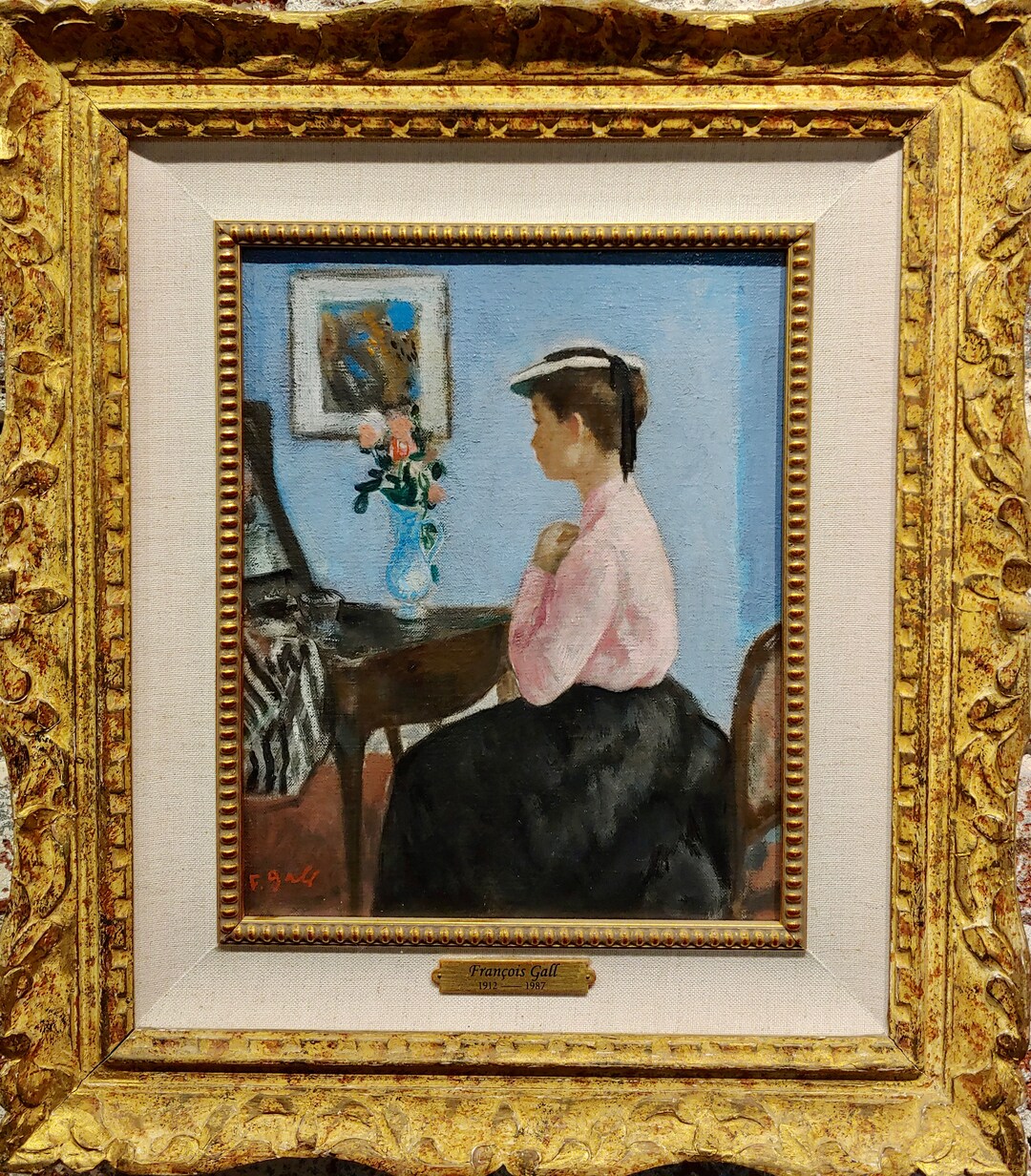 Francois Gall-young Elegant Woman in Pink at Her Vanity Desk-oil ...