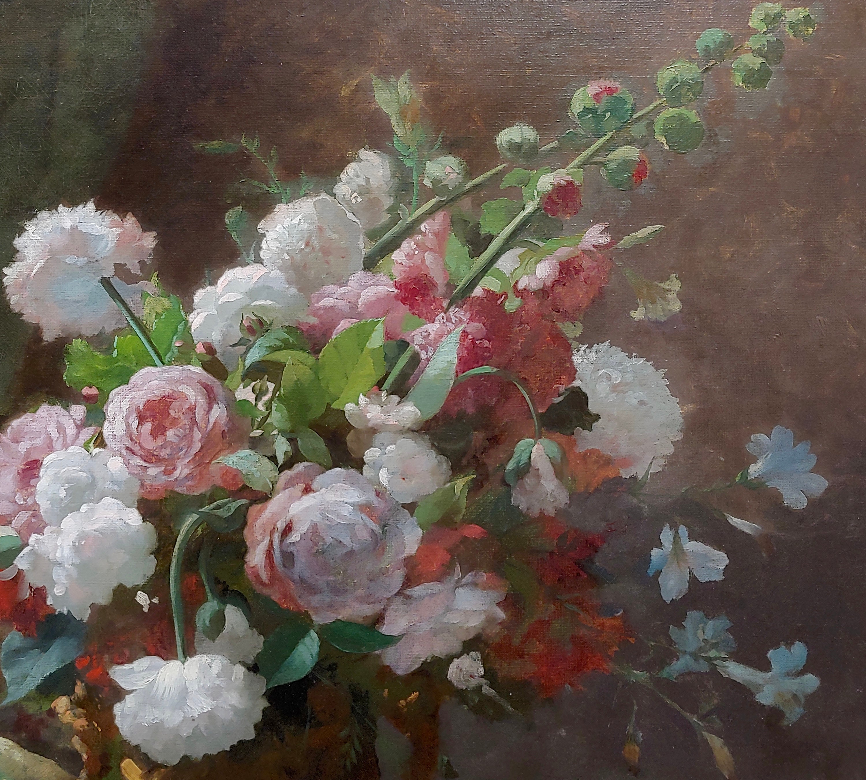 Frans Mortelmans -still Life of Pink White Roses,fruits Desert-19th C ...