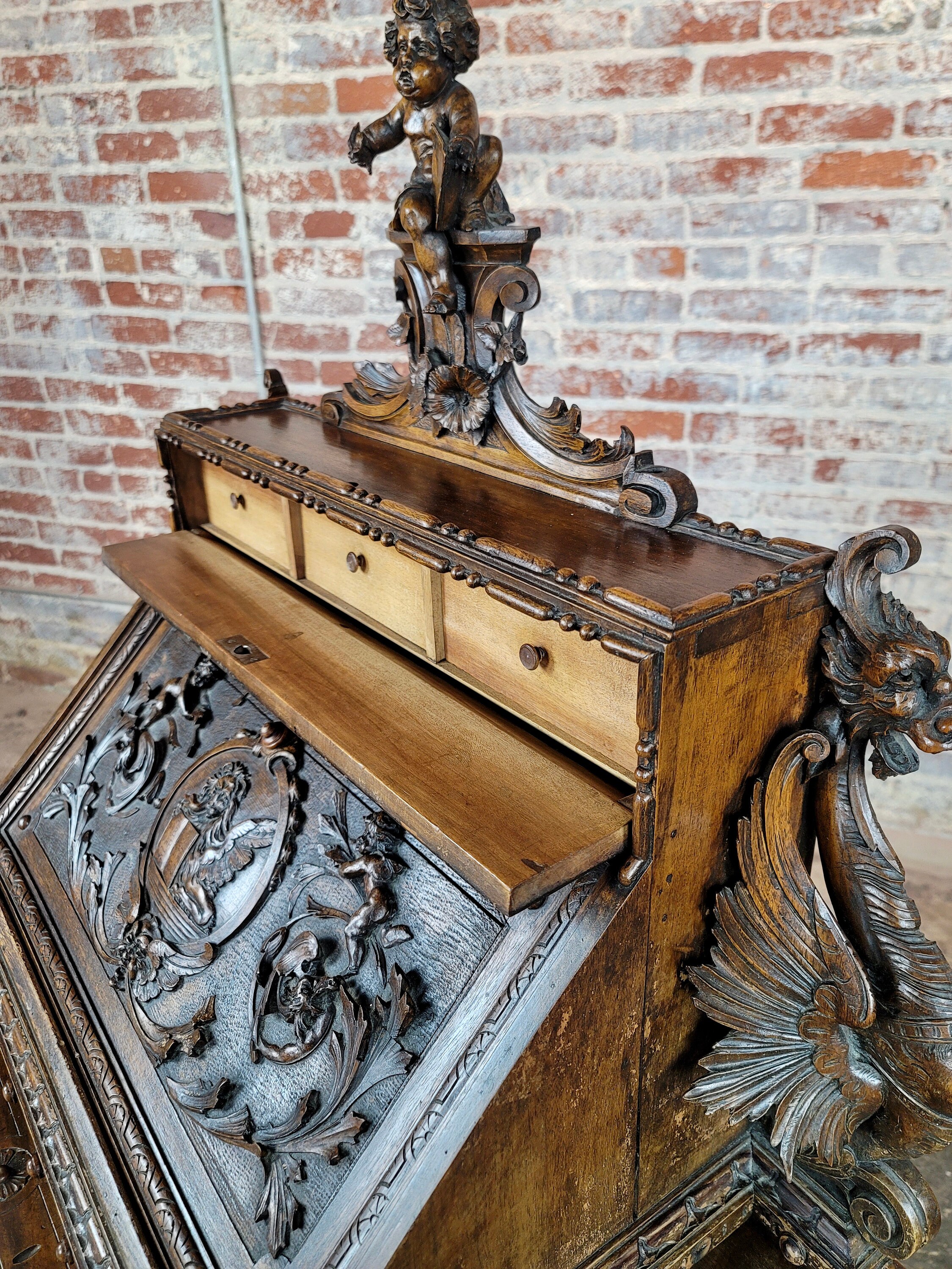 19th Century Highly Carved Italian Drop Leaf Desk W/ Griffin & Putti - Etsy