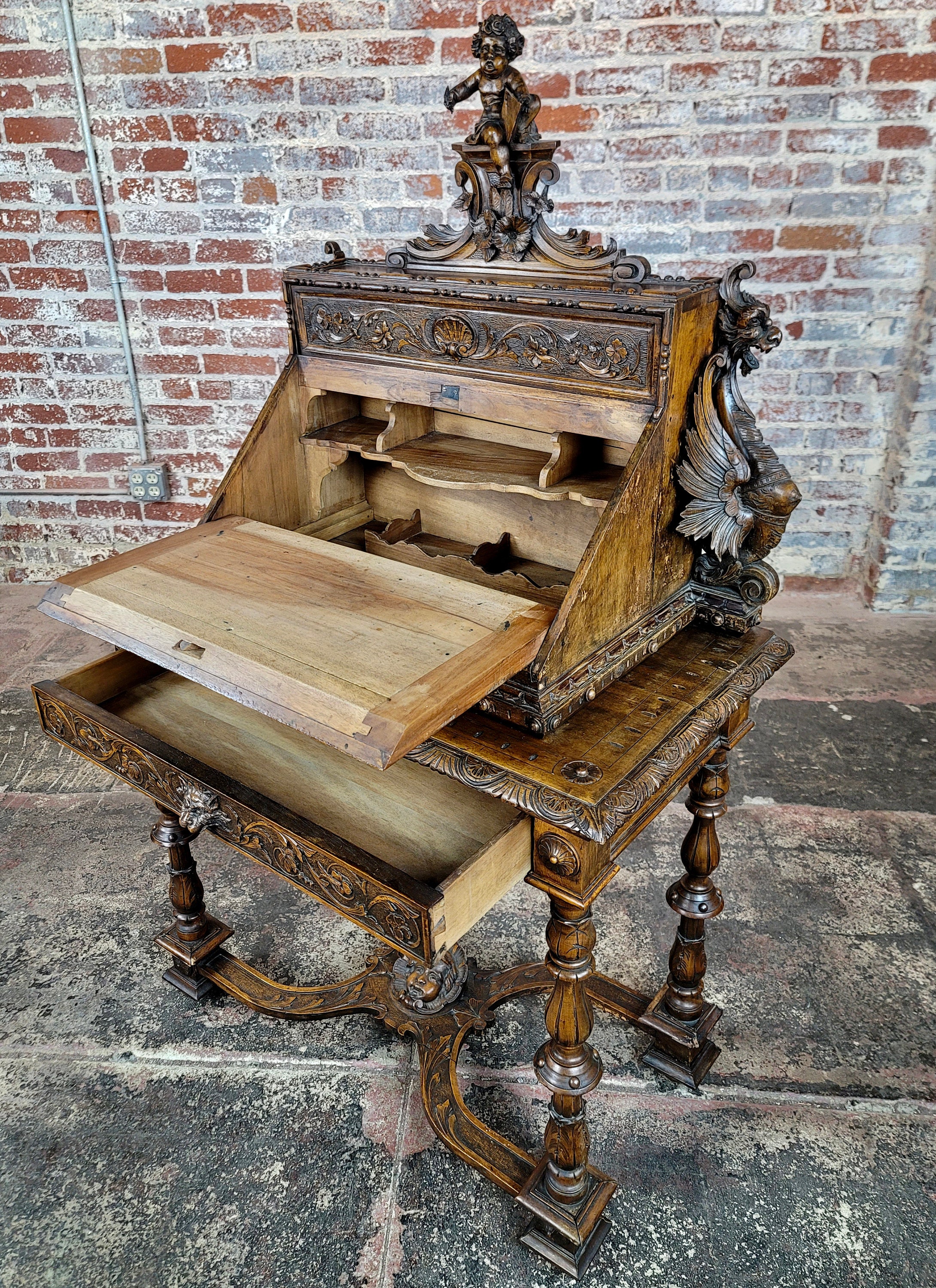 19th Century Highly Carved Italian Drop Leaf Desk W/ Griffin & Putti - Etsy