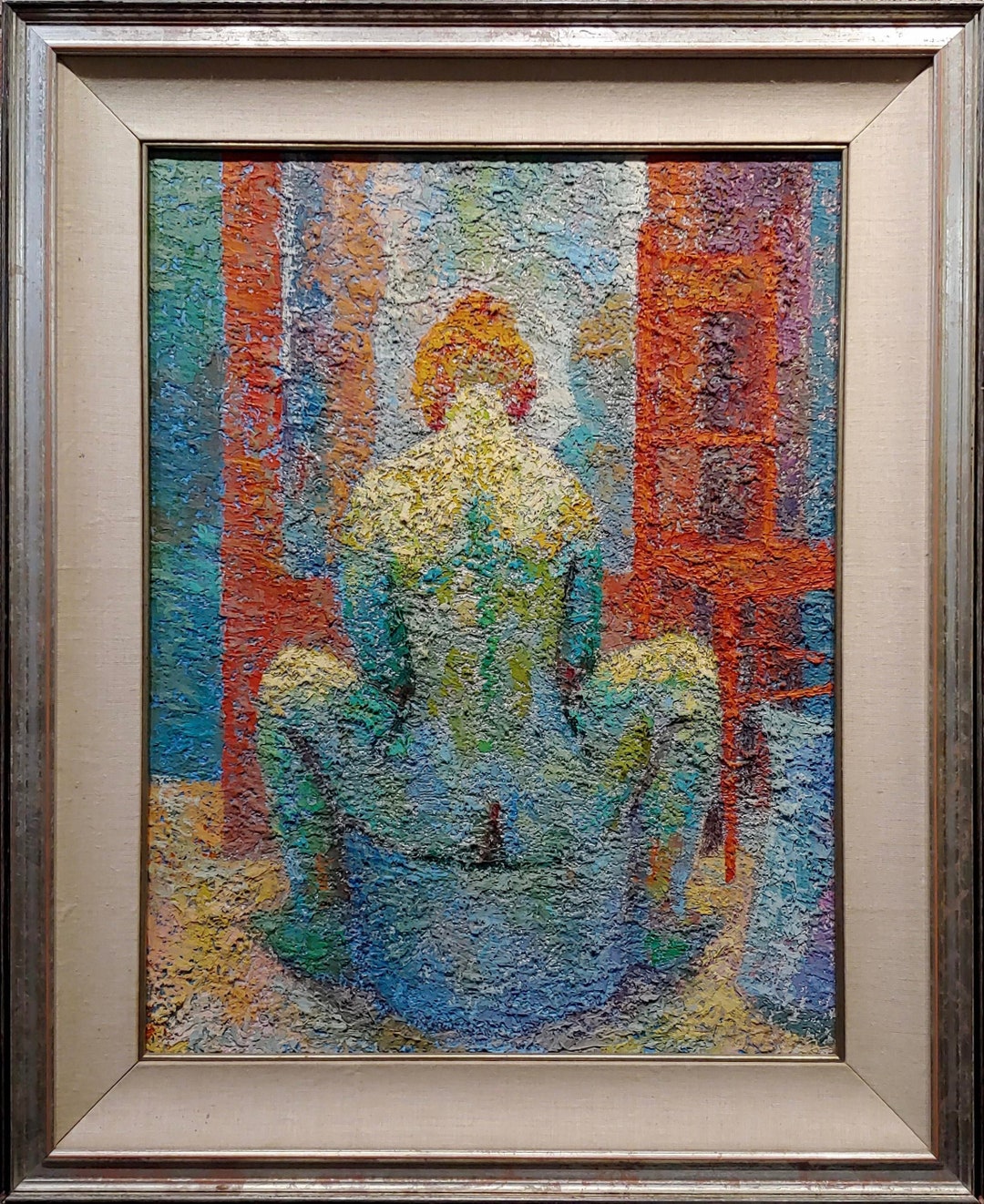 Manuel De Arce 1970s Pointillism Oil Painting, Nude Female in Lavatory ...