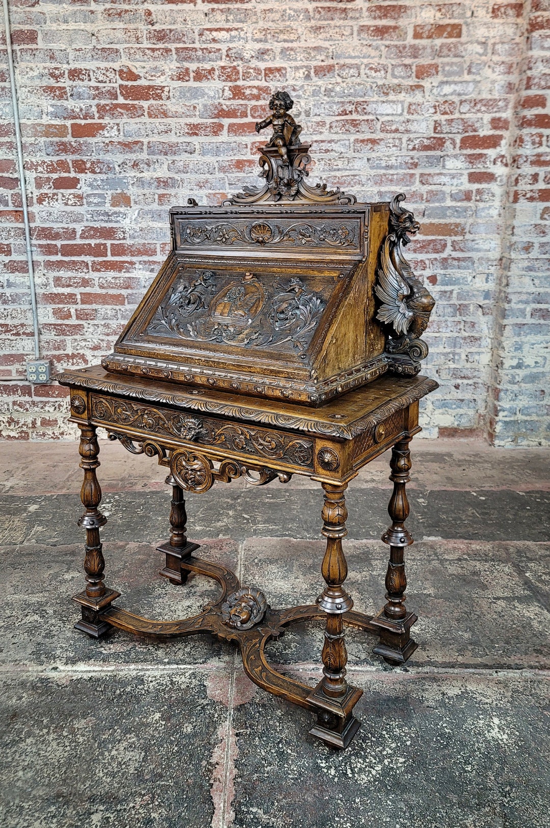 19th Century Highly Carved Italian Drop Leaf Desk W/ Griffin & Putti - Etsy