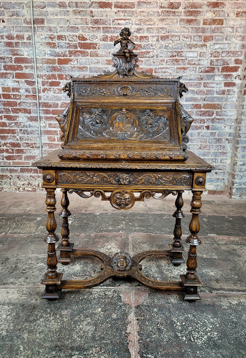 19th Century Highly Carved Italian Drop Leaf Desk W/ Griffin & Putti - Etsy
