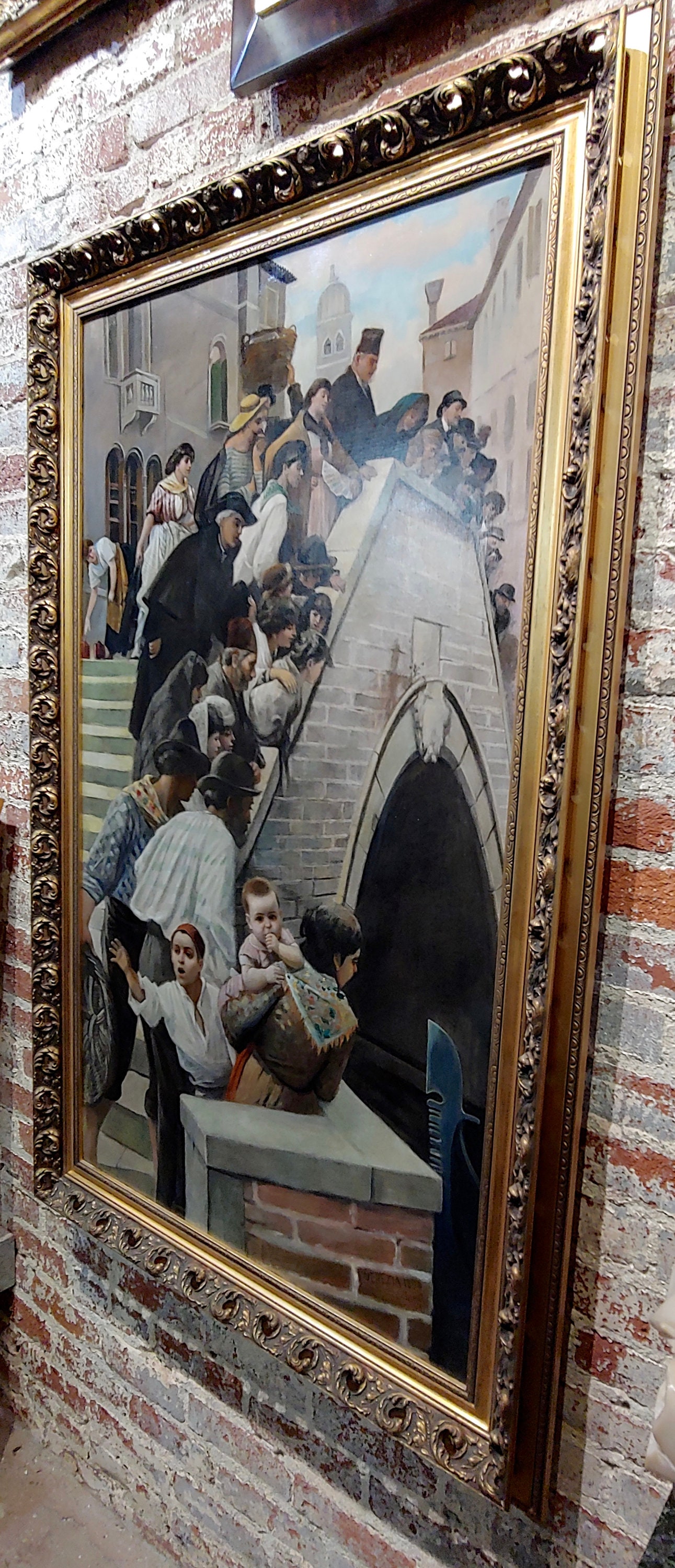 Scaratti -19th Century Venetian Scene Crowd of People on the Bridge-oil ...